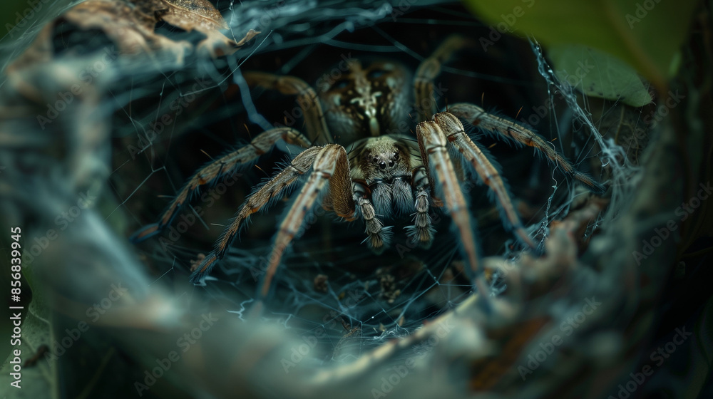 Wolf Spider in a nest, macro photography, wolf spider with a large body ...