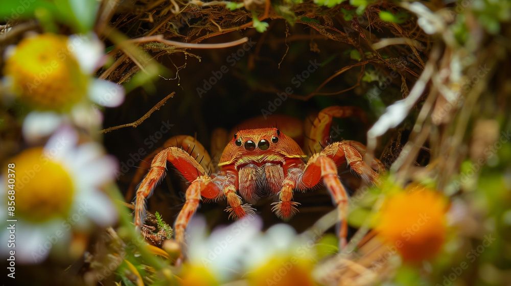 flower crab spider with a body resembling an exotic flower, its nest is ...