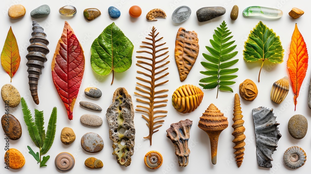 Colorful collection of natural leaves, stones, and fossils arranged on ...