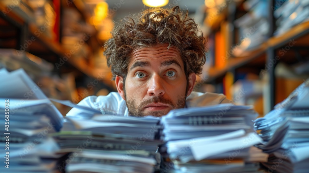 Foto de Stressed out man peeking through stacks of files with a shocked ...