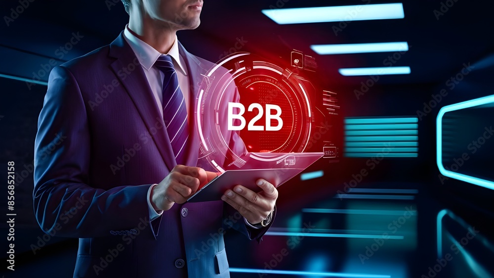 B2B: Businessman in a suit holding a tablet with a glowing red B2B ...