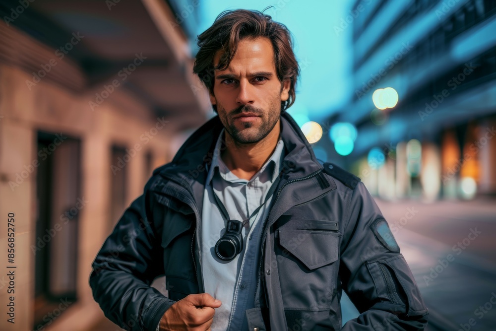 Handsome detective on the city street One man, handsome young detective ...