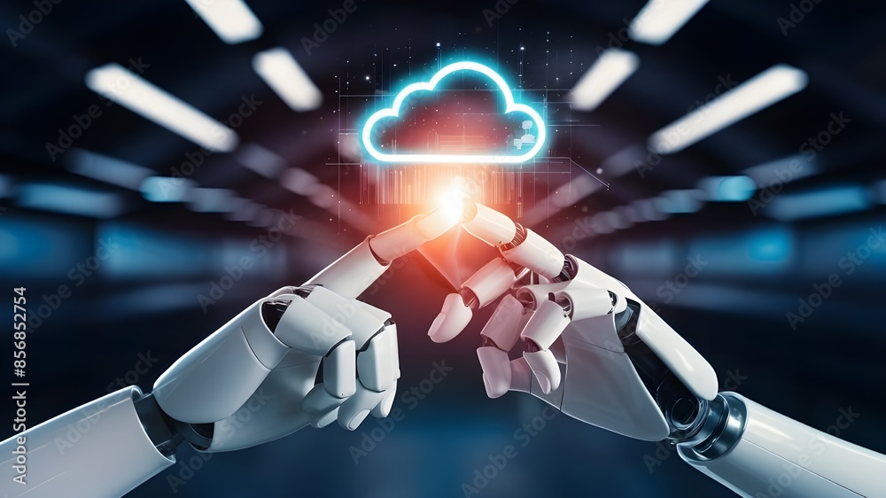 Cloud Computing: Human hand touching robotic hand with glowing "Cloud ...