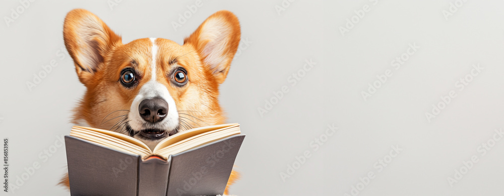 corgi dog reading book shocked surprised mouth open isolated white ...