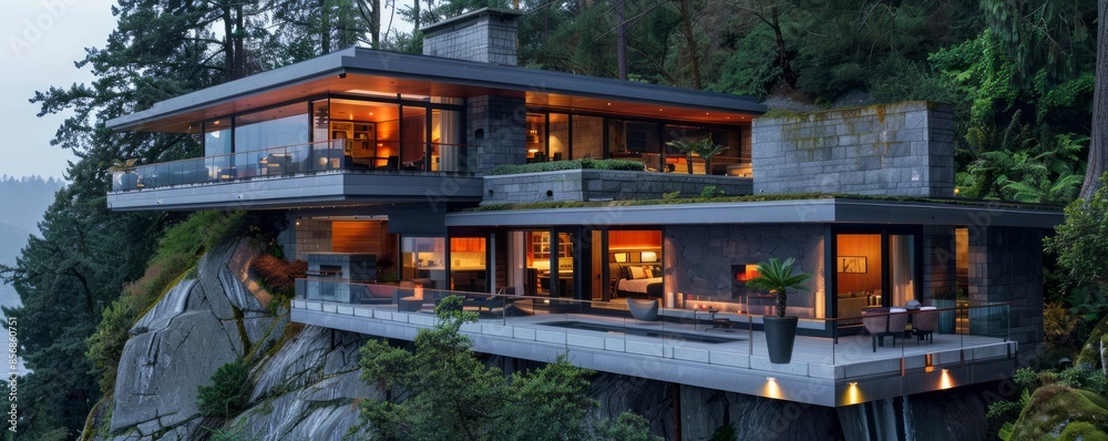 Modernist cliff house with cantilevered decks. Stock Illustration ...