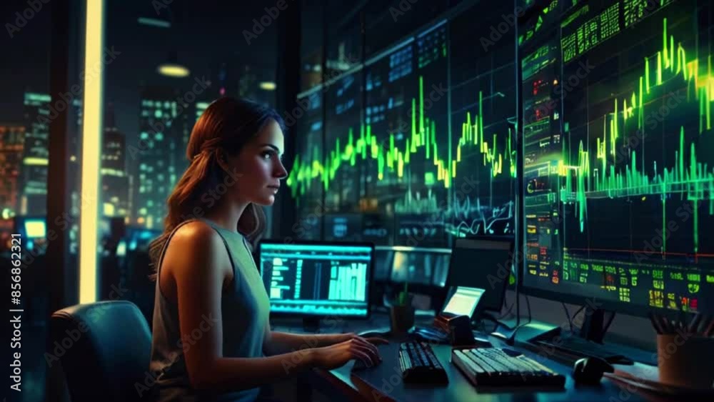 A woman is sitting at a desk in front of three computer monitors. She ...
