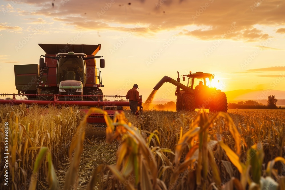 Combine harvester fills corn in a trailer attached to a tractor on crop ...