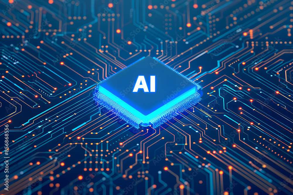 Glowing light blue neon AI chip with thin circuit contact lines. AI ...