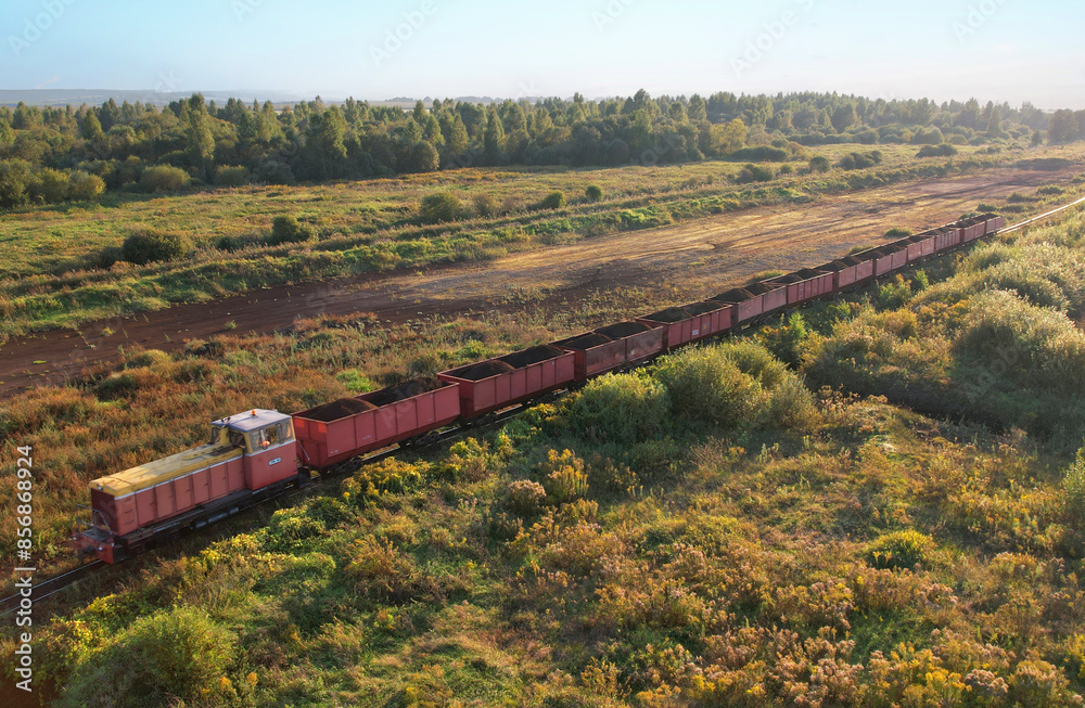 Freight Train transports peat on narrow-gauge, Aerial view. Locomotive ...