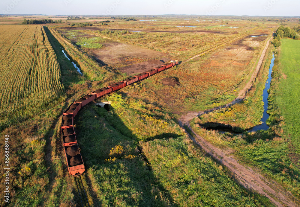Freight Train transports peat on narrow-gauge, Aerial view. Locomotive ...
