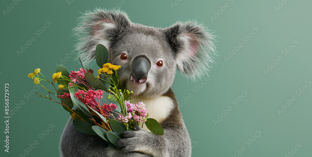 Delighted koala holding a bouquet of colorful flowers in front of a ...