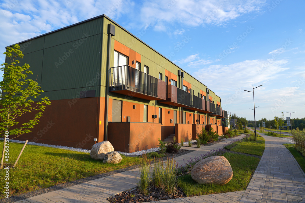 Townhouse facade exterior. Modern twin house design. Townhome in suburb ...