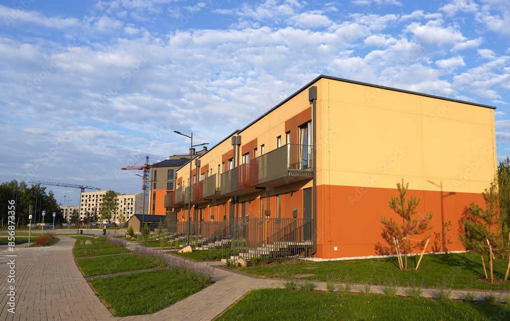 Townhouse facade exterior. Modern twin house design. Townhome in suburb ...