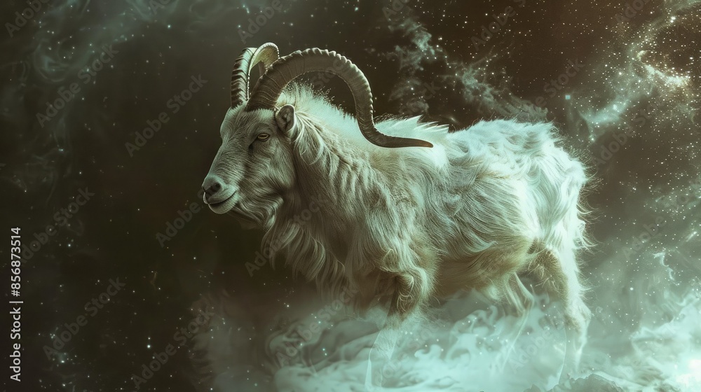 A mystical mountain goat with large curved horns seemingly floating in ...