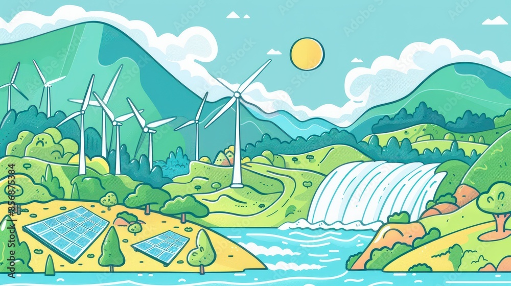 Illustration of a wind power plant on the river bank Stock Illustration ...