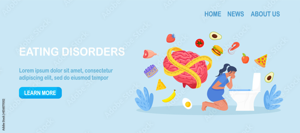 Bulimia nervosa, anorexia disease. Sad unhealthy woman vomiting in toilet. Eating disorders as ...