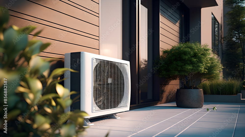 Outdoor air conditioning unit installed on a patio with greenery ...