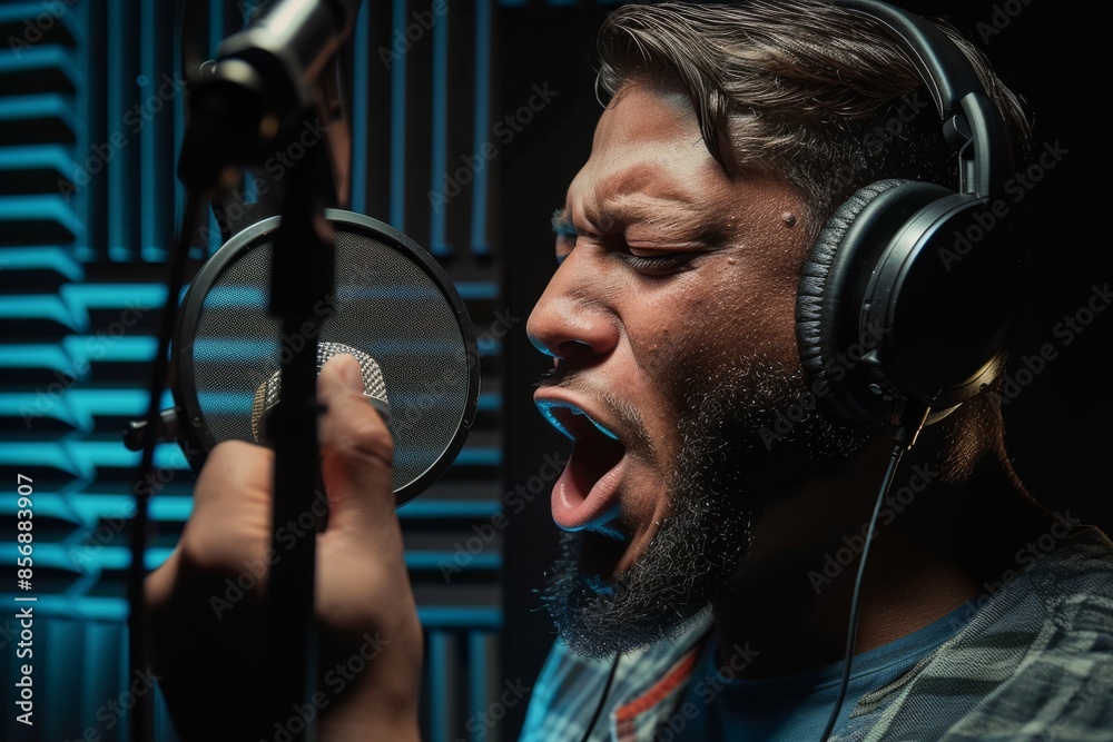 Male singer singing into microphone in recording studio One man, male ...