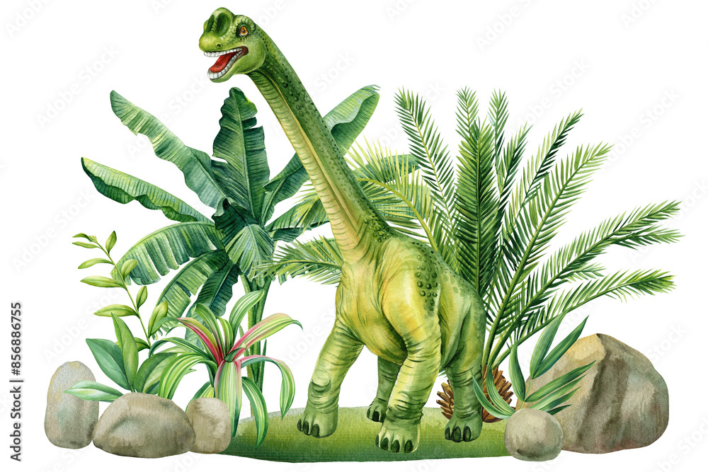 Brontosaurus, watercolor dinosaur illustration with prehistoric ...