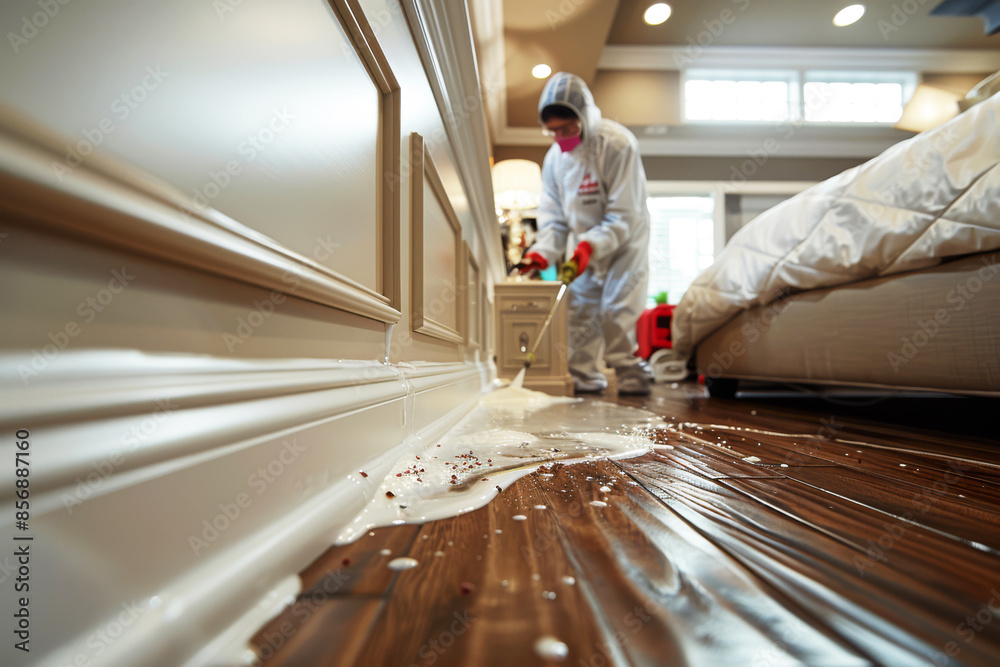 Exterminator in protective gear applies insecticide spray to the ...