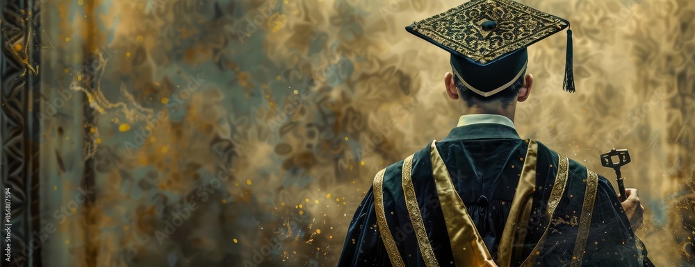 Digital art, rear view of a scholar in black and gold academic attire ...