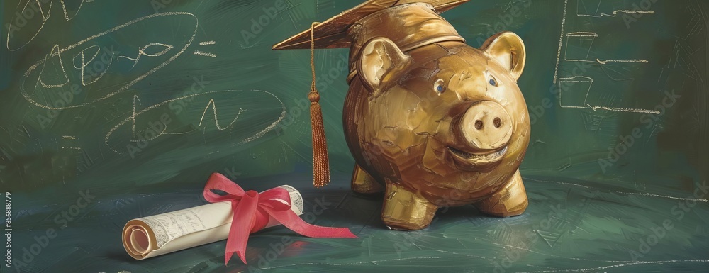 Elegant gold piggy bank, sleek graduation cap, rolled diploma with ...