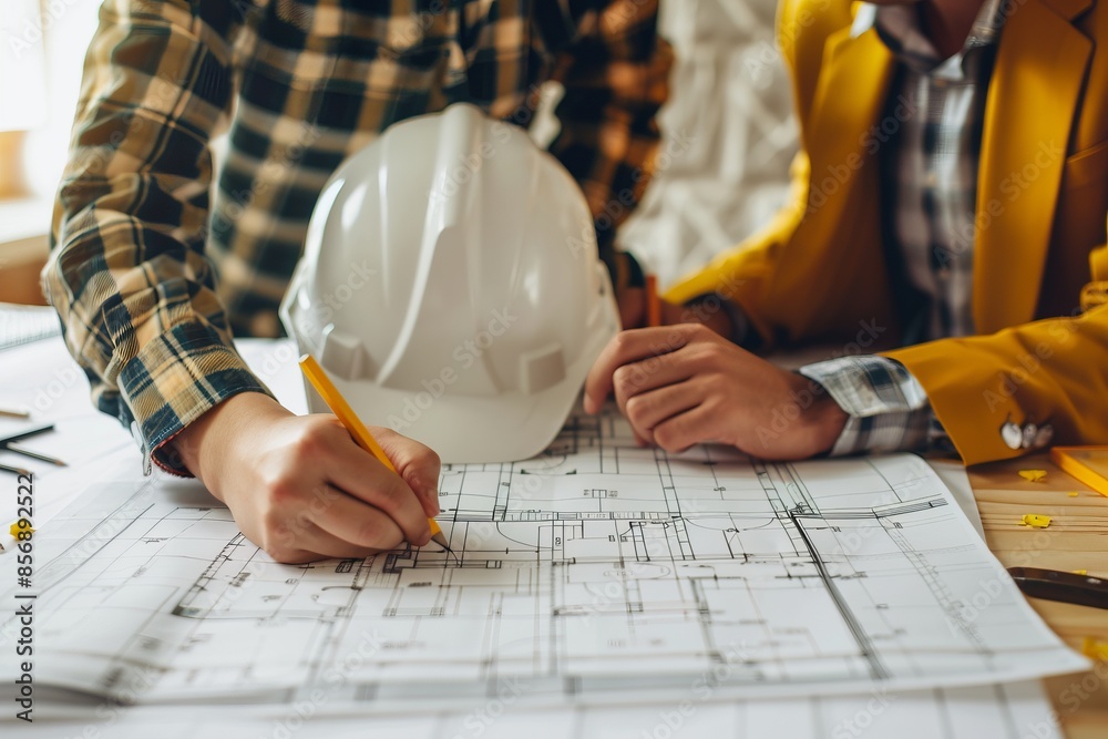 Architects working on blueprints. Detailed plan of construction ...