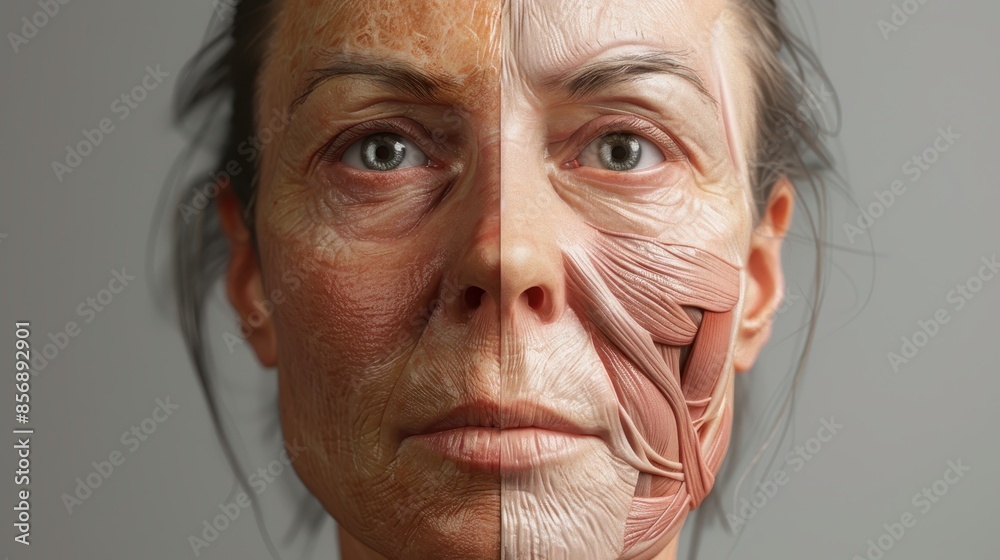 Split-face visual comparison of a woman's face, one half showing her ...