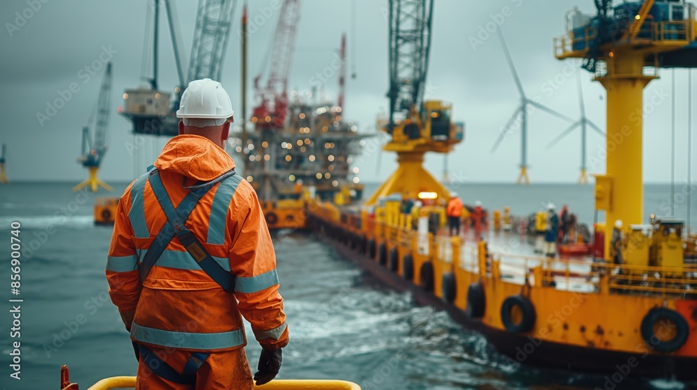 An engineer on a floating platform working on an offshore wind farm ...