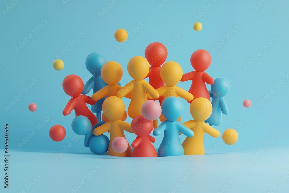 Colorful 3D figures in a group with floating balls against a blue ...