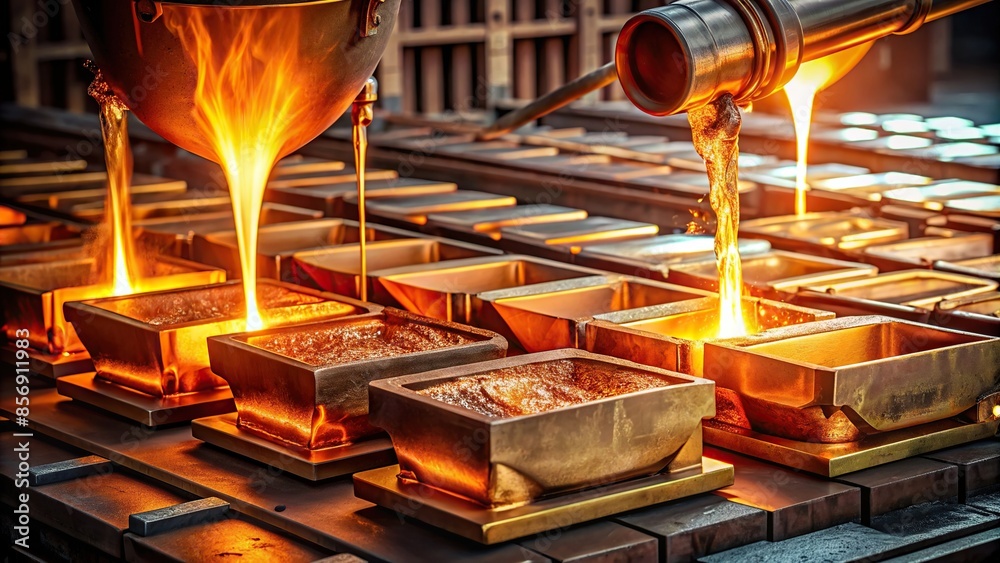Liquid copper being poured into ingots, copper, metal, molten, pouring ...