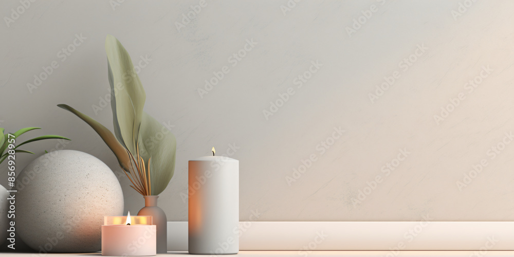 Minimalistic still life scene with a lit candle and decorative items on ...