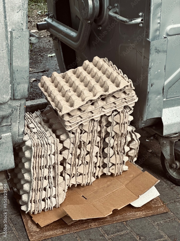 thrown away empty egg carton boxes near the trash bins. Biodegradable ...