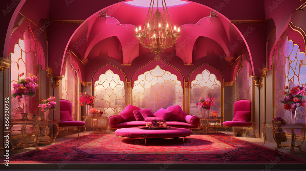 An opulent pink palace chamber with golden accents, crystal chandeliers ...