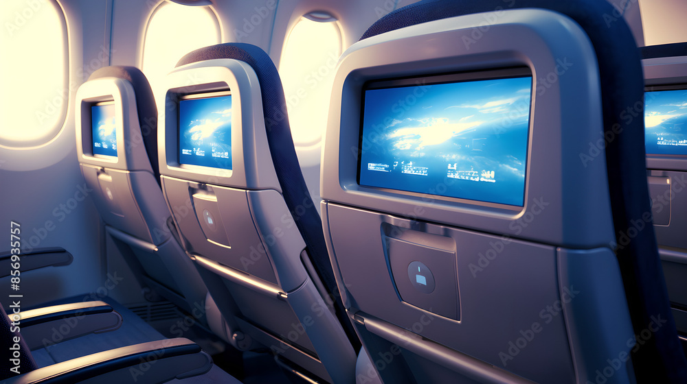 Row of airplane seats with personal screens displaying a flight map ...