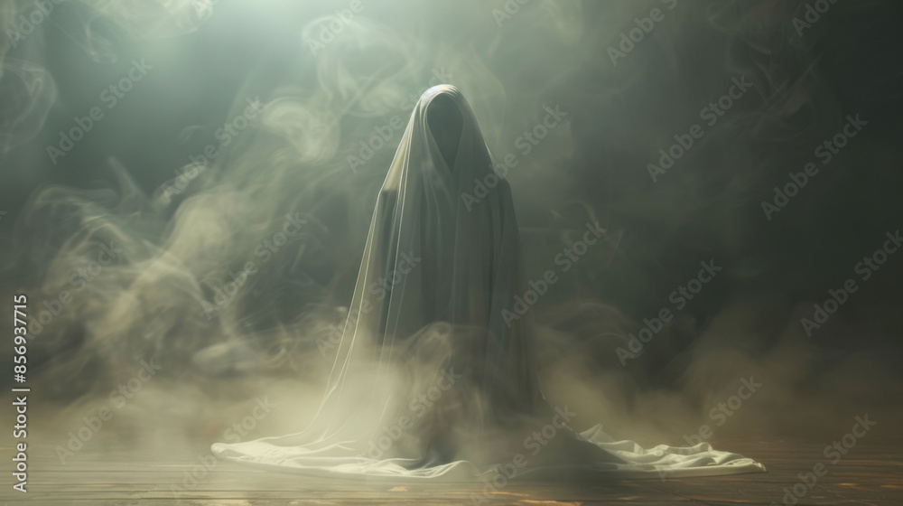A ghostly figure shrouded in a white sheet stands in a foggy, dimly lit room, creating an eerie ...