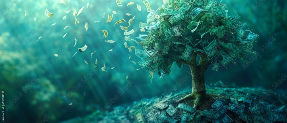 Underwater scene with a tree made of money bills growing on the ocean ...