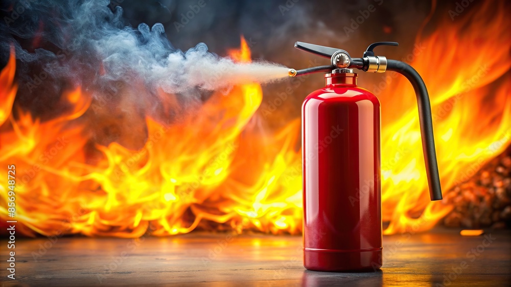 Stock photo of a fire extinguisher in action putting out flames, safety ...