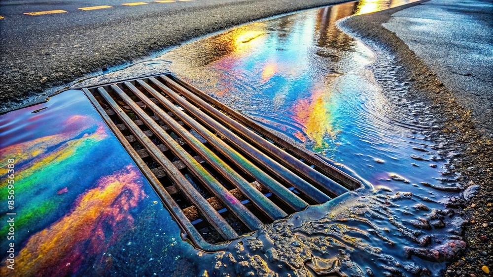 Oil spill on asphalt road flowing into storm drain grate , pollution ...