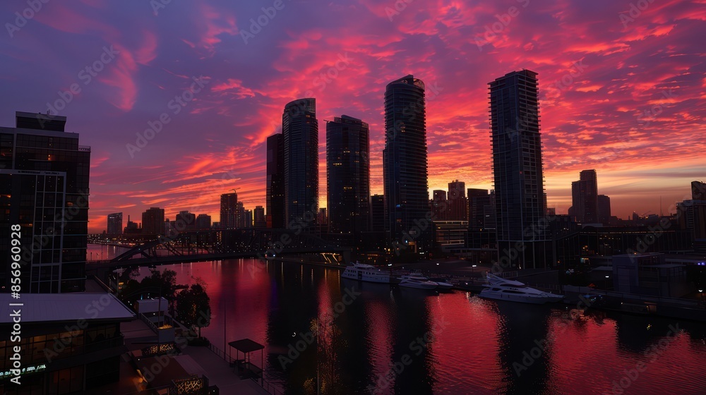 sunset over a modern urban skyline, reflecting vividly on the tranquil ...