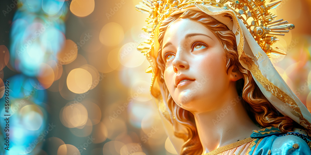 hyper realistic elegant statue of a pretty Virgin Mary with a golden ...