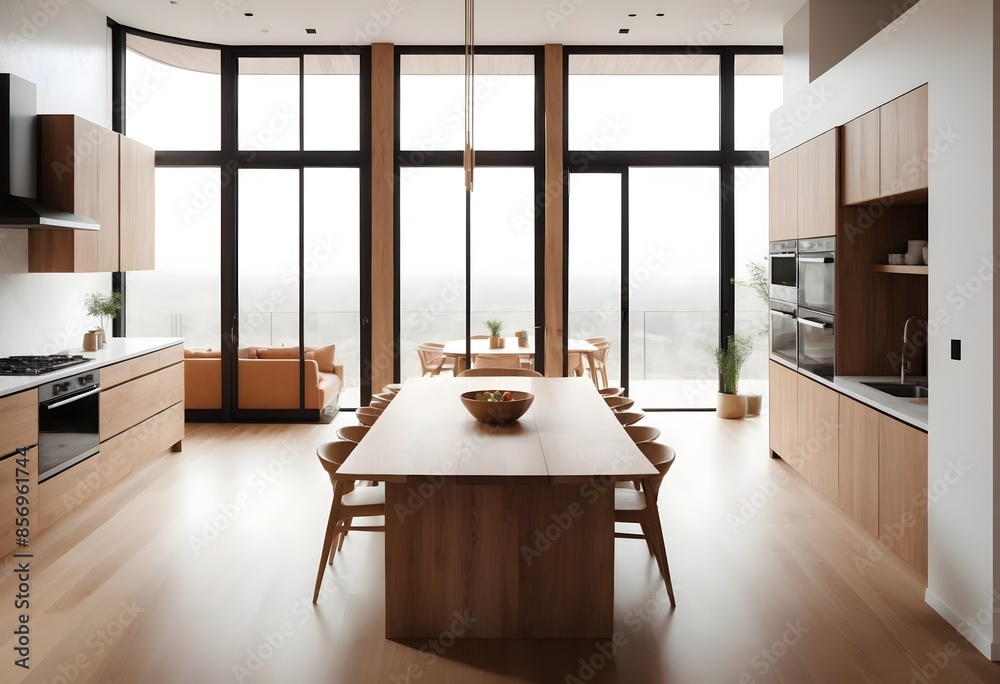 Large open-plan kitchen with modern island and dining table offers a ...