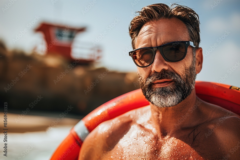 Confident lifeguard with sunglasses and beard at the beach, lifeguard ...