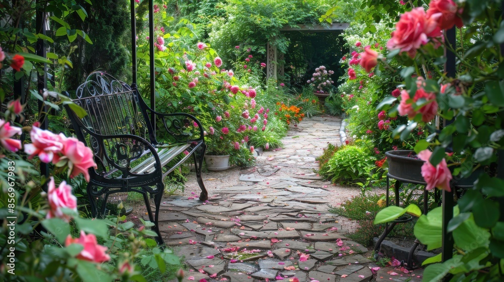 Inviting English rose garden with stone pathways, a charming wrought ...