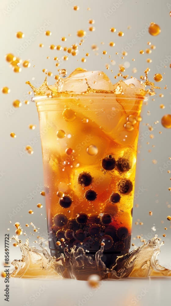 Realistic levitation photography of boba tea in a clear glass, floating ...