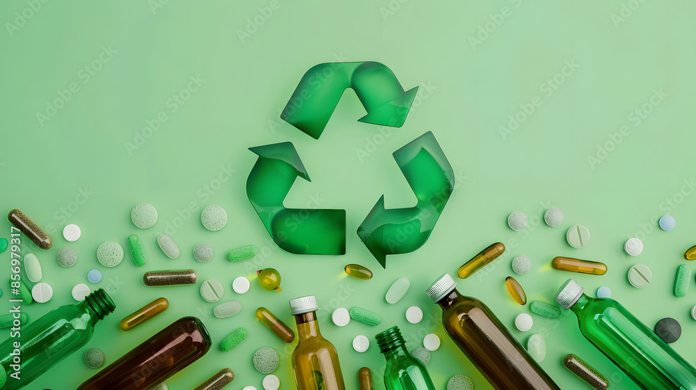 Green recycle sign symbol with glass trash garbage bottle, pills and ...