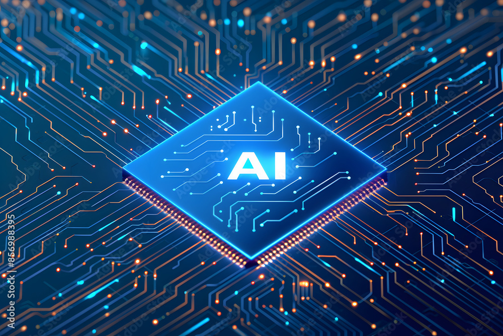 Glowing light blue neon AI chip with thin circuit contact lines. AI ...