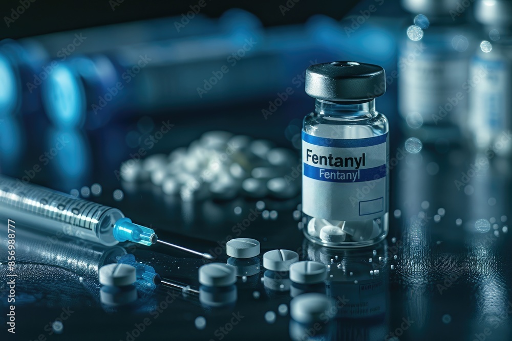 Fentanyl drug and syringe. Fentanil is opioid used as a pain medication ...