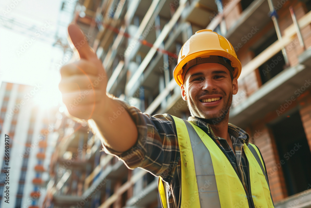A construction worker in a hard hat gives a thumbs up and smiles at the ...