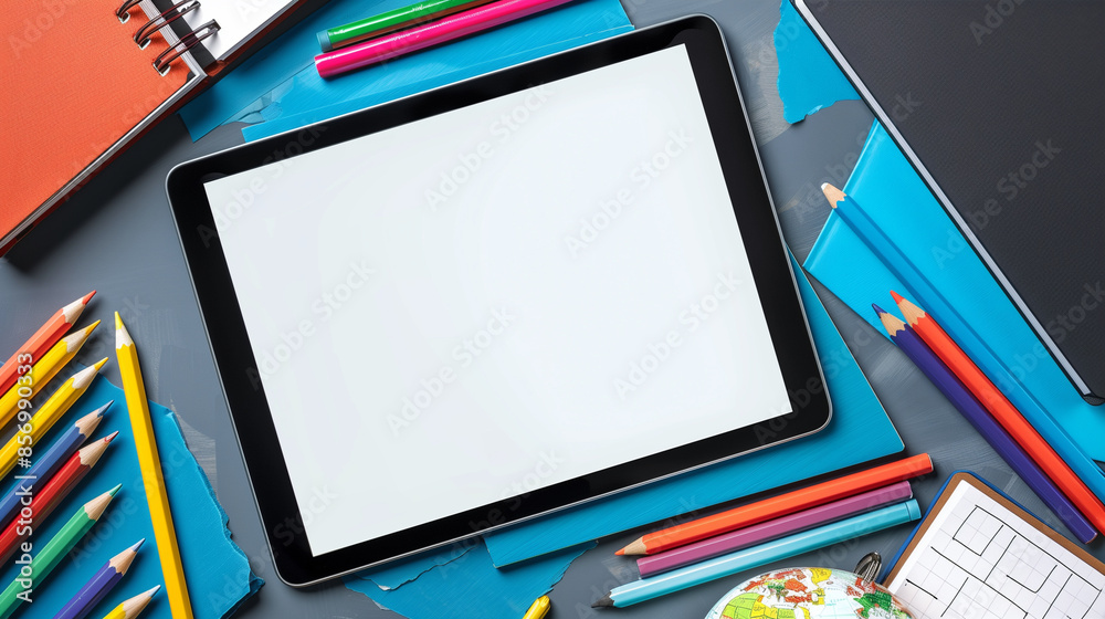 iPad with white screen mockup lying on a classroom desk, surrounded by ...